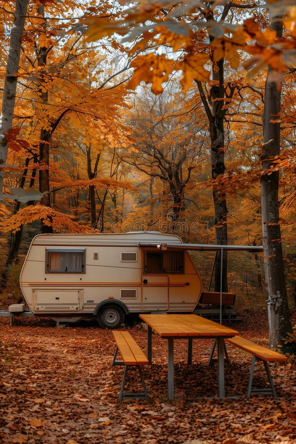 Scenic Fall Forest Camping: Cozy Mobile Home Trailer with Table Setup ...
