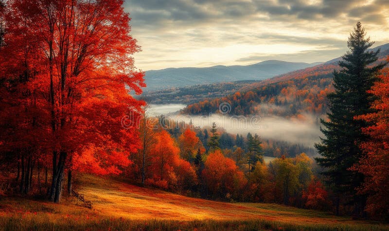 Scenic Fall Morning, Mountain Range, Orange and Red Leaves Stock Photo ...