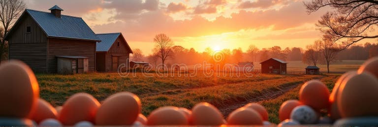 Scenic Farm Sunset with Rustic Barns and Fresh Eggs Stock Photo - Image ...
