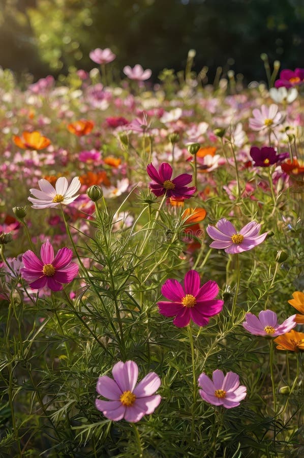Scenic Field of Wildflowers in Bloom with Sunlight and Warm Glow Stock ...