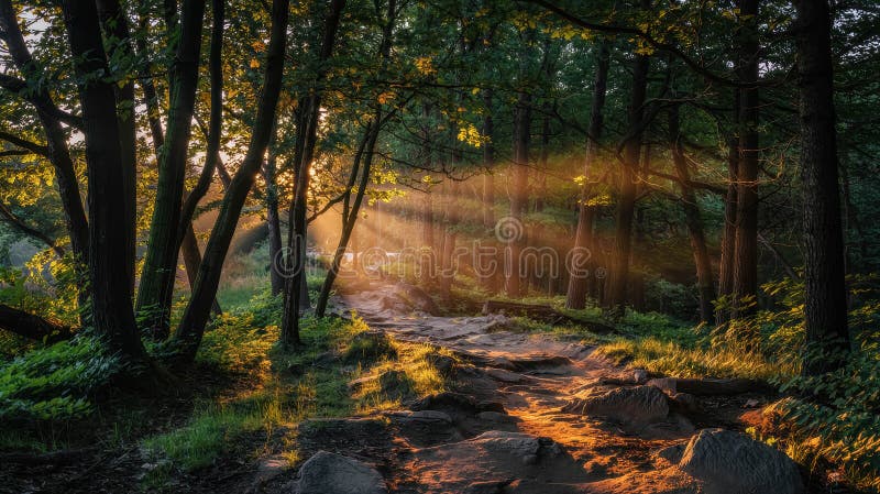 Scenic Forest Mountain Hiking Trail Landscape with Sun Rays and Lush ...