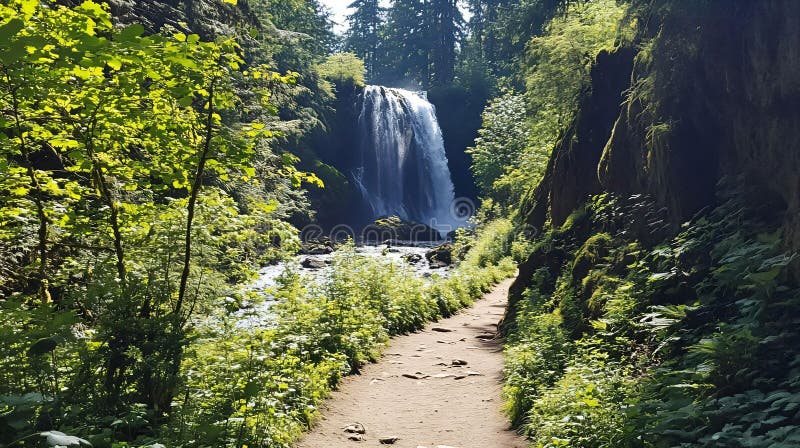 Scenic Forest Path Leading To a Waterfall. Stock Photo - Image of ...