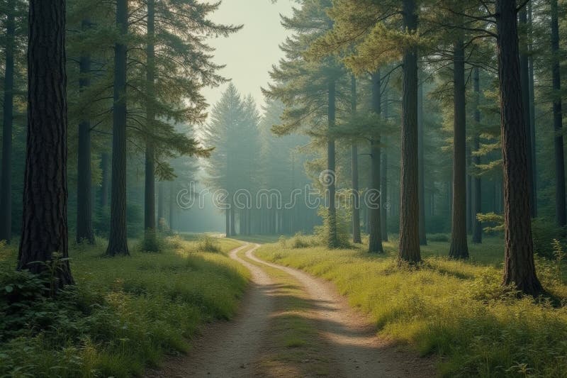Scenic Forest Path Surrounded by Tall Trees and Soft Light, Symbolizing ...