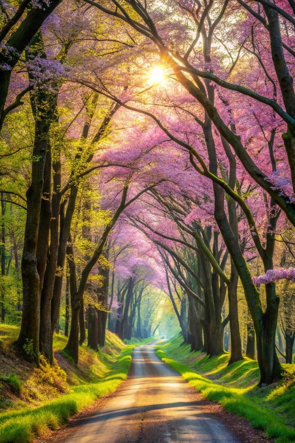 Road through a Magical Spring Forest Stock Illustration - Illustration ...