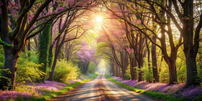 Road through a Magical Spring Forest Stock Illustration - Illustration ...