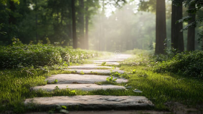 Scenic Forest Pathway with Sunlight Filtering through Trees and Stone ...