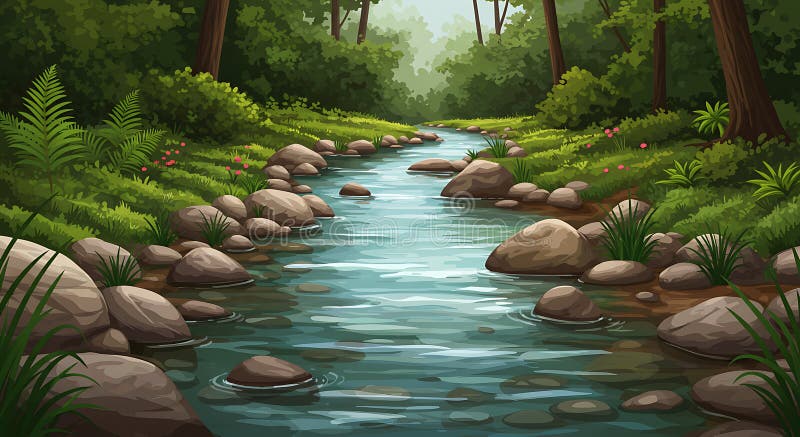 Scenic Forest Stream with Rocks and Lush Greenery Landscape Stock ...