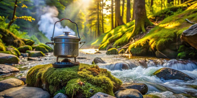 Scenic Forest Streamside Cooking with a Portable Stove. Generative AI ...