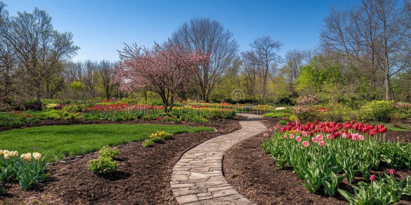 A Scenic Garden Path Winding through Vibrant Flower Beds in Springtime ...