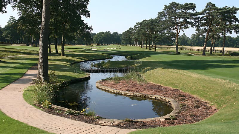 A Scenic Golf Course Featuring Water Features and Mature Trees Stock ...