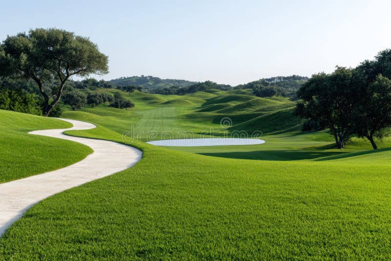 Scenic Golf Course Landscape with Green Grass and Water Feature. Stock ...