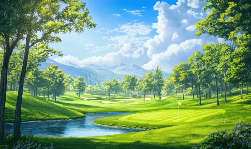 Scenic Golf Course Landscape with Lush Greenery and Serene Water ...