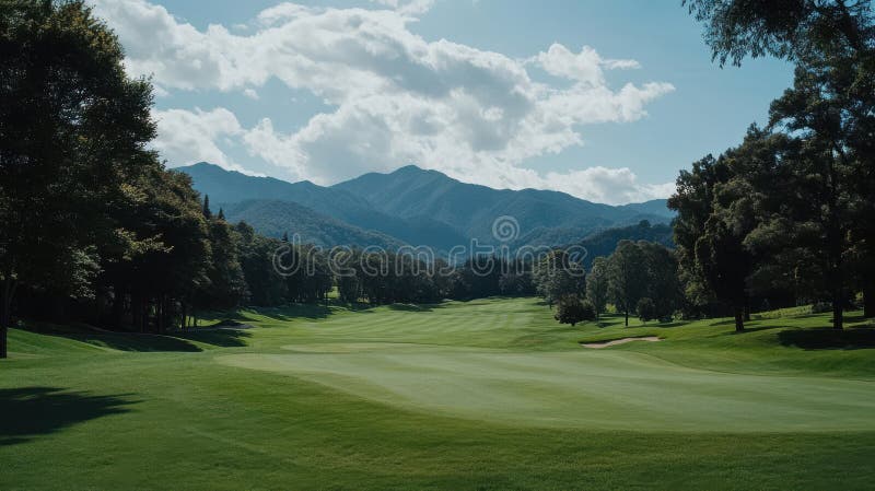 Scenic Golf Course with Lush Greenery and Rolling Mountains Stock Image ...