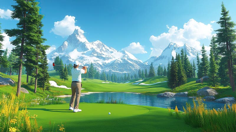 Scenic Golf Course with Mountains in the Background Stock Illustration ...
