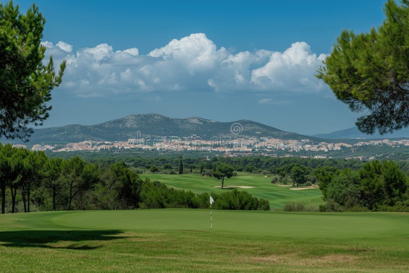 Scenic Golf Course with New Golf Clubs and Idyllic Landscape Stock ...