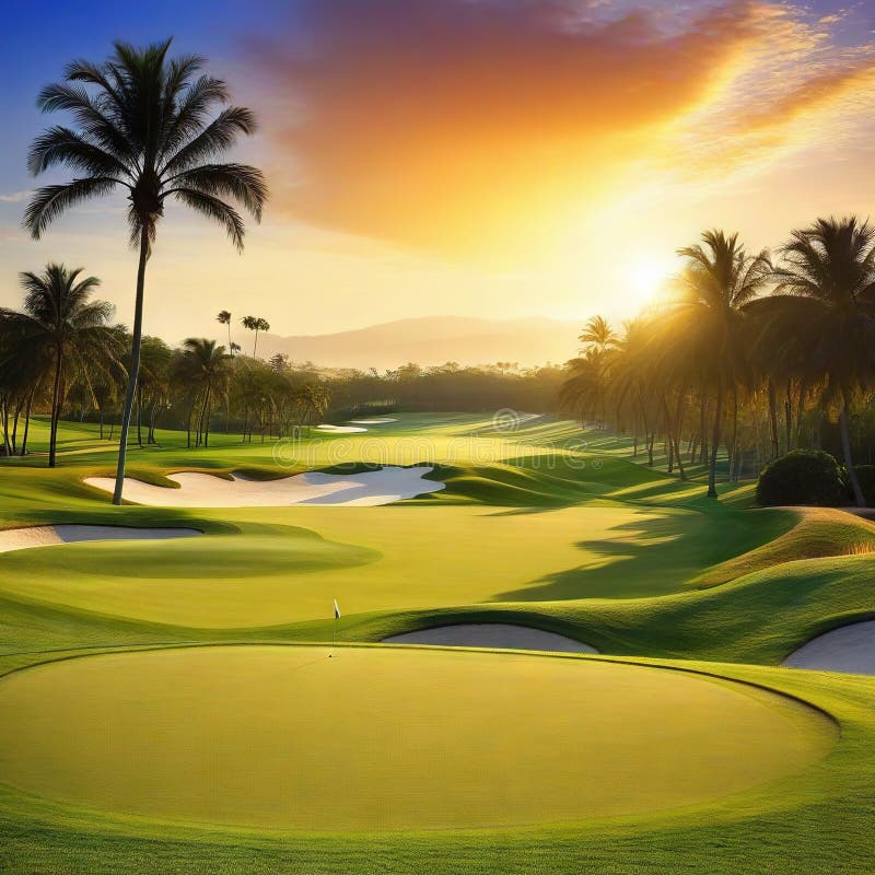 Scenic Golf Course with Palm Trees and Blue Stock Illustration ...