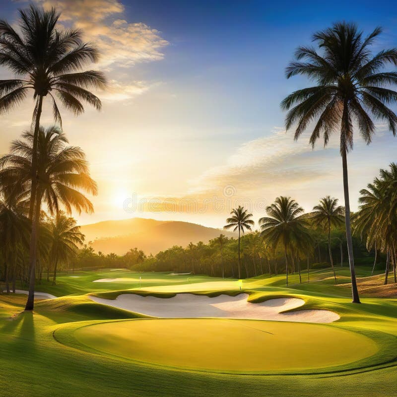 Scenic Golf Course with Palm Trees and Blue Stock Illustration ...