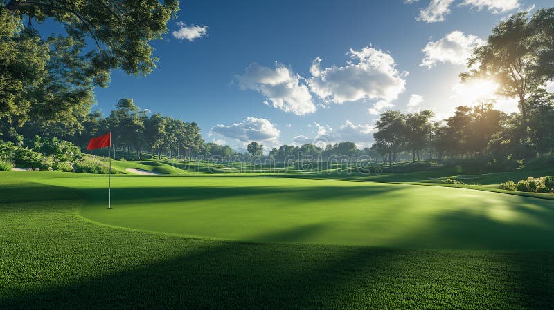 A Golf Course with a Red Flag Under a Blue Sky with White Clouds Stock ...
