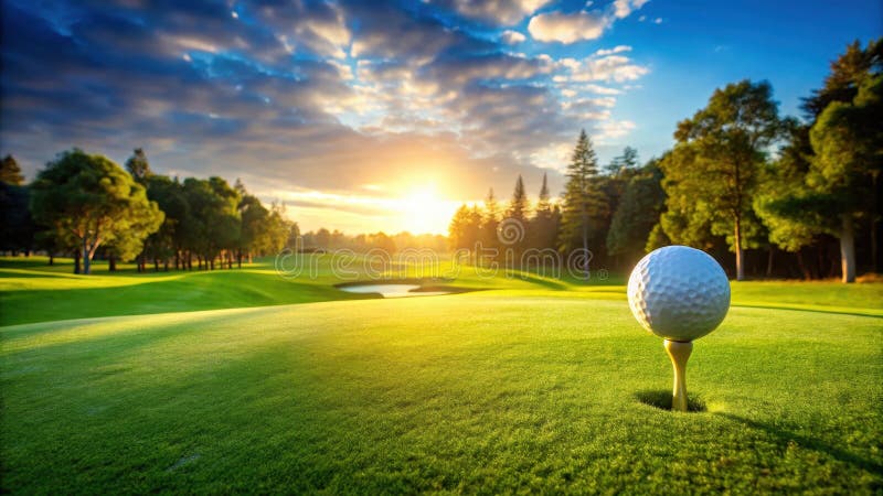 Scenic Golf Course at Sunrise a Golf Ball Rests on a Tee, Ready for the ...