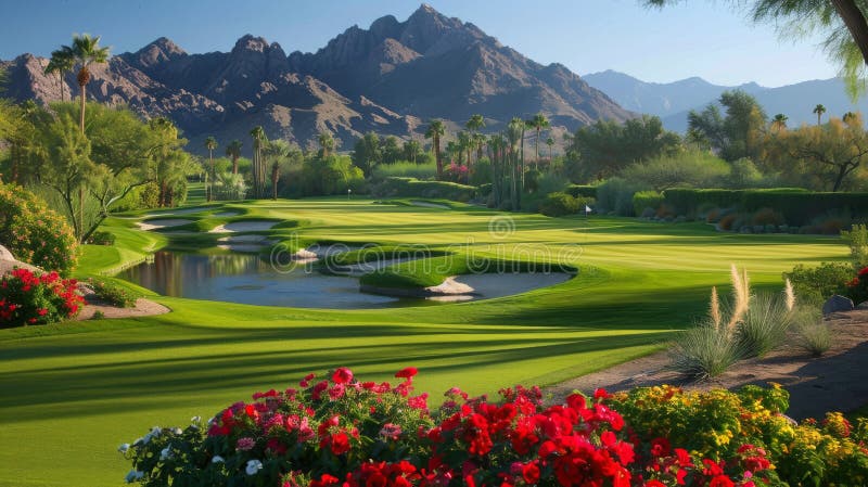 Scenic Golf Course at Sunset with Blooming Flowers Stock Illustration ...