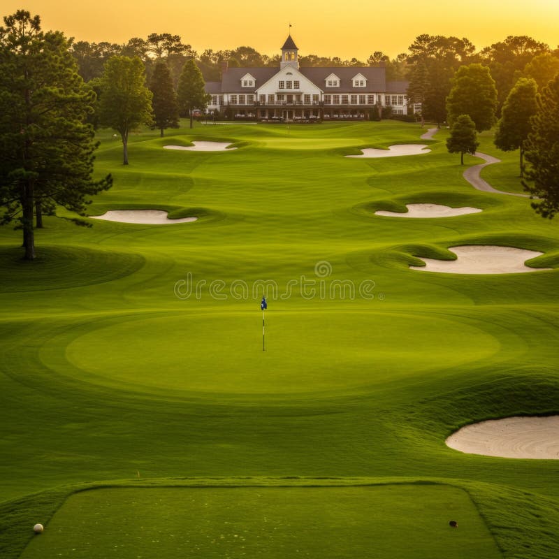 Scenic Golf Course at Sunset with Clubhouse Stock Illustration ...