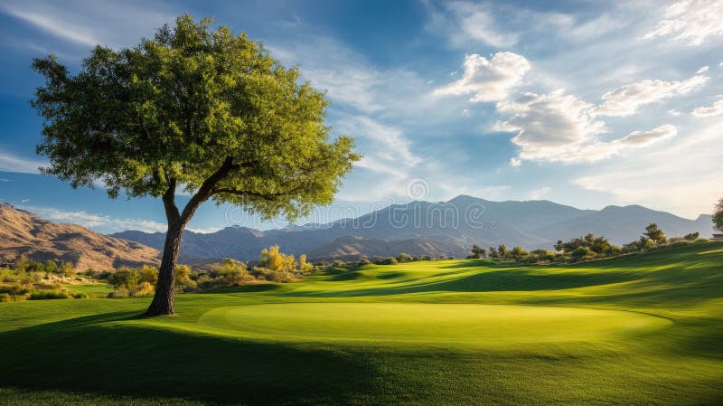 Scenic Golf Course with Tree and Mountain Backdrop Stock Illustration ...
