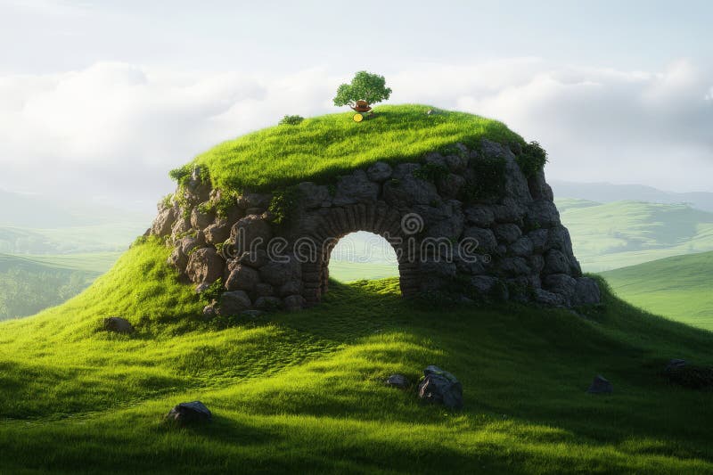 Scenic Green Hill with Stone Arch and Small Tree in Sunlight Stock ...