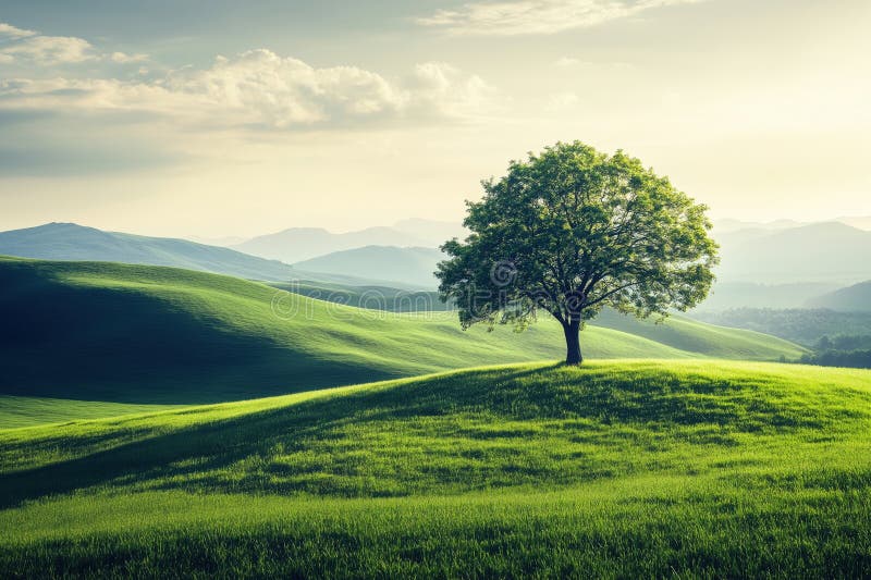 Scenic Green Landscape with Lone Tree on Rolling Hills Stock Image ...