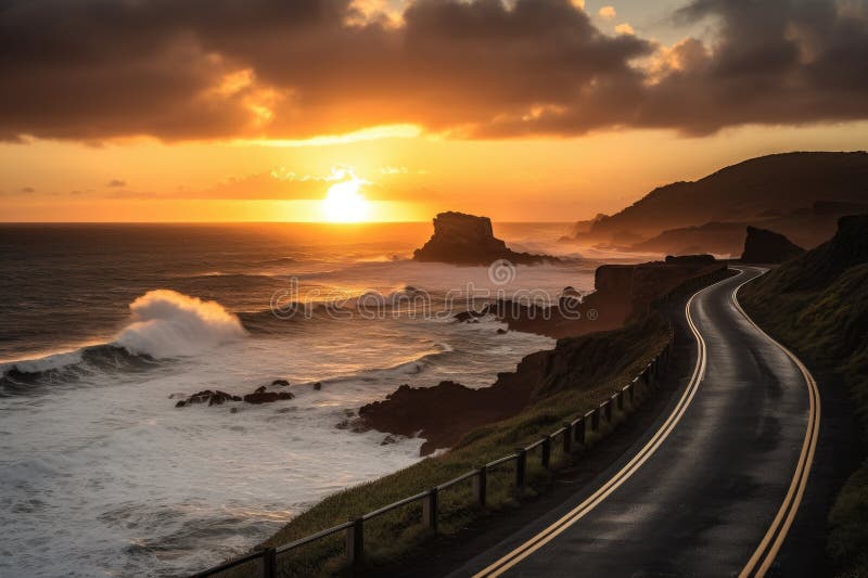 Scenic Highway Leading To Sunset Over the Ocean, with Waves Rolling in ...