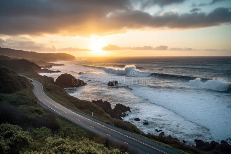 Scenic Highway Leading To Sunset Over the Ocean, with Waves Rolling in ...