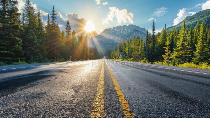 A Scenic Highway through Mountainous Terrain at Sunset Stock Image ...