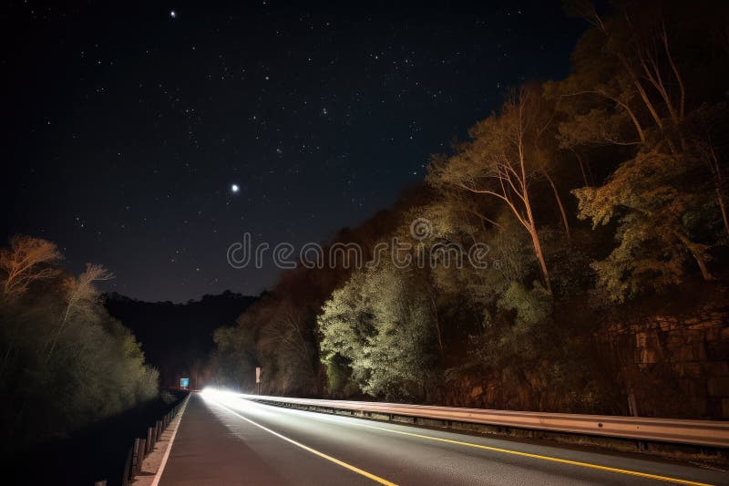 Scenic Highway at Night, with the Moon and Stars Shining Overhead Stock ...
