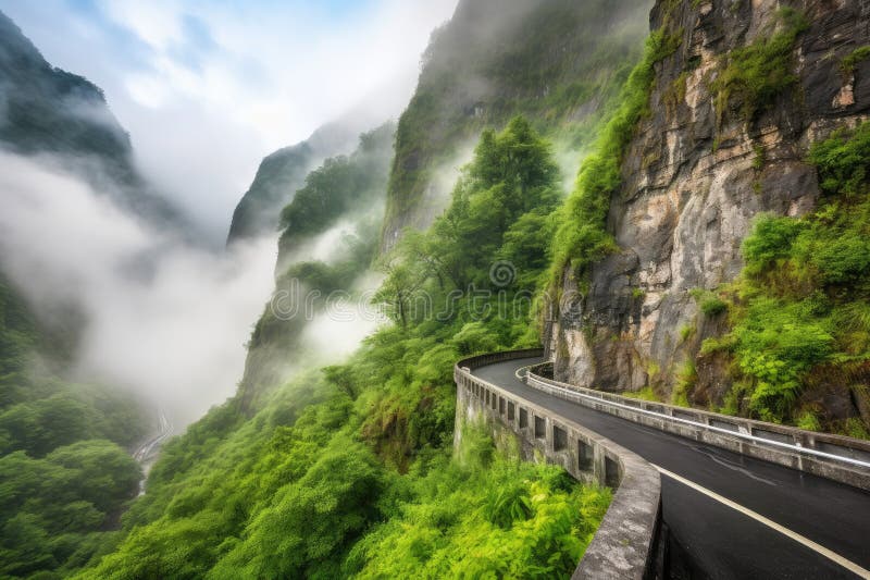 Scenic Highway Overlooking a Breathtaking Waterfall, with Mist Floating ...