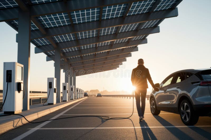 Solar-Powered EV Charging Stations at Highway Rest Stop Stock ...