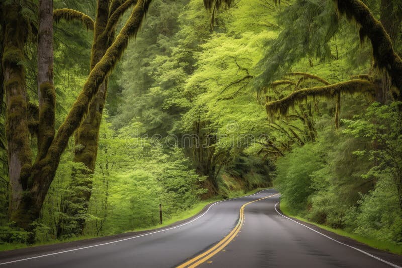 Scenic Highway Surrounded by Lush Greenery and Towering Trees Stock ...