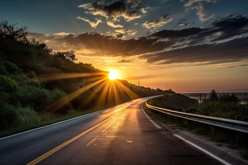 Scenic Highway with a View of the Sunrise, with Rays of Light Shining ...