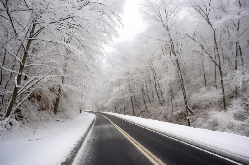 Scenic Highway in Winter, with Snow-covered Trees and Sparkling Snow ...
