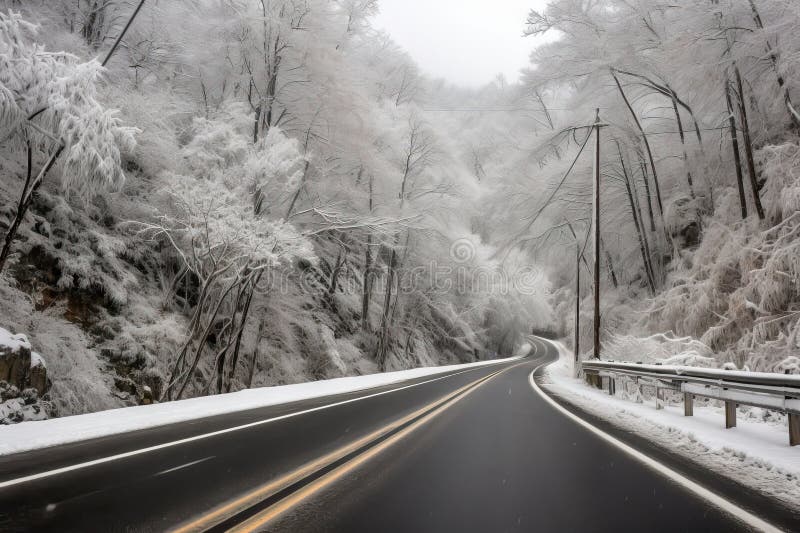 Scenic Highway in Winter, with Snow-covered Trees and Sparkling Snow ...
