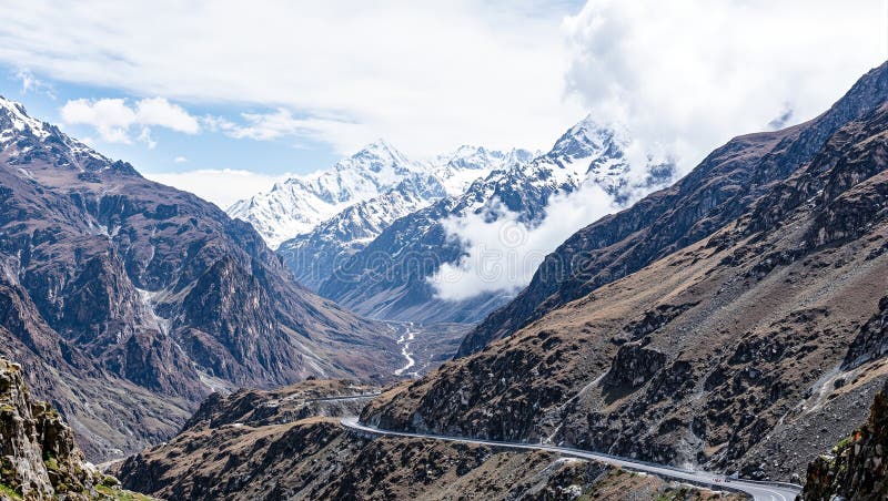 Scenic Himalayan Mountain Pass Road with Snowy Peaks and Clouds Stock ...