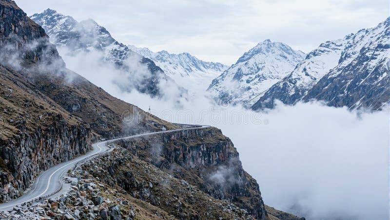 Scenic Himalayan Mountain Pass Road with Snowy Peaks and Clouds Stock ...