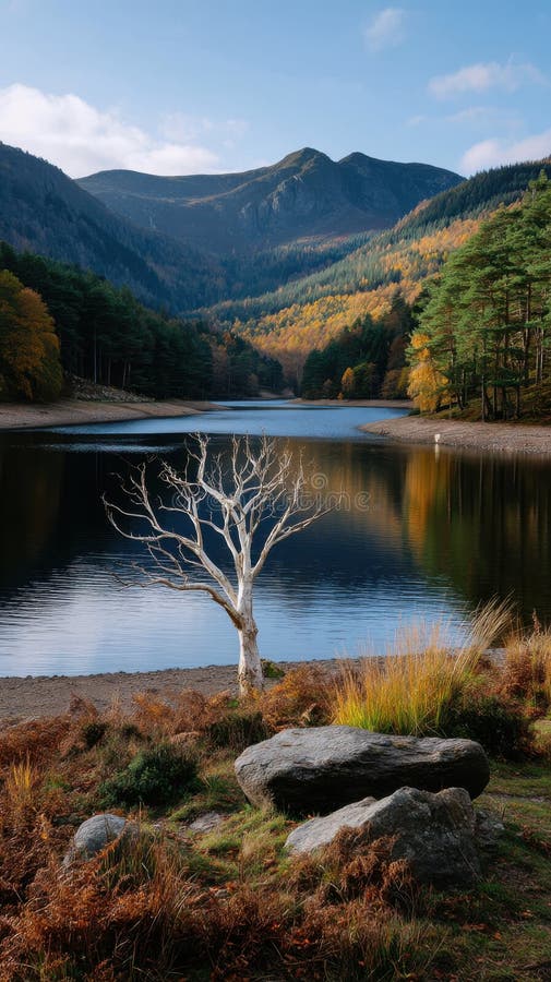 Scenic Lake with Bare Tree, Forest, and Mountains during Autumn Season ...