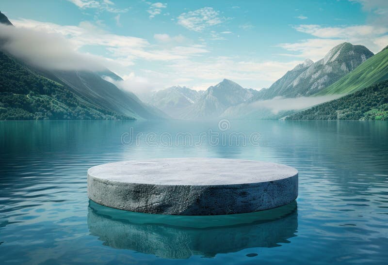 Scenic Lake with Circular Platform and Mountain View. Generative Ai ...