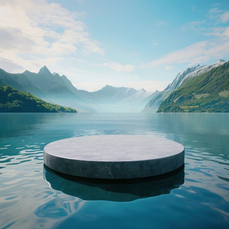 Scenic Lake with Circular Platform and Mountain View. Generative Ai ...