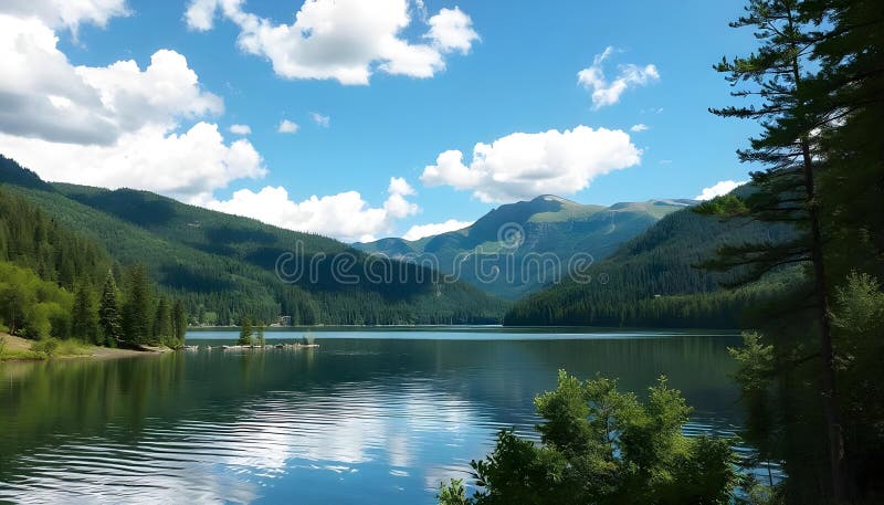 Scenic Lake with Clear Blue Water, Lush Trees, and a Mountain Backdrop ...