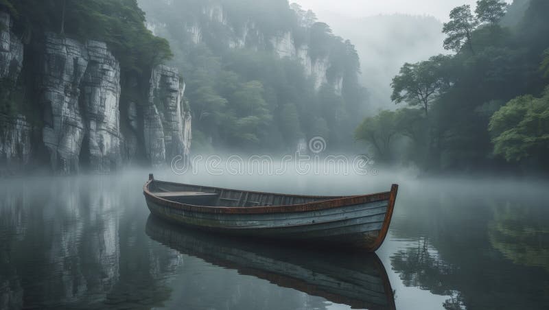 Scenic Lake with Cliffs and a Wooden Boat. Stock Image - Image of ...
