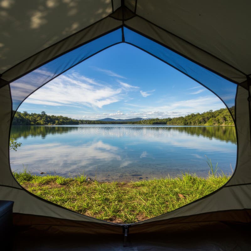 Scenic Lake View from Inside a Tent Stock Illustration - Illustration ...