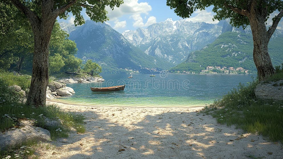 Scenic Lakefront Beach with Mountains and Trees Stock Photo - Image of ...