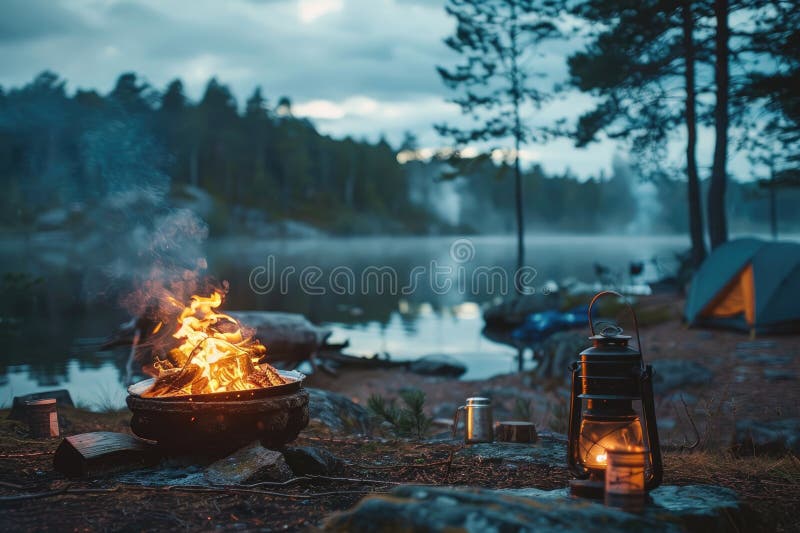 Scenic Lakeside Camping with Campfire and Lanterns at Dawn Stock Image ...