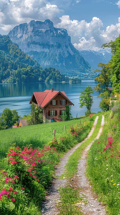 Scenic Lakeside House with Mountain and Flower View Stock Illustration ...