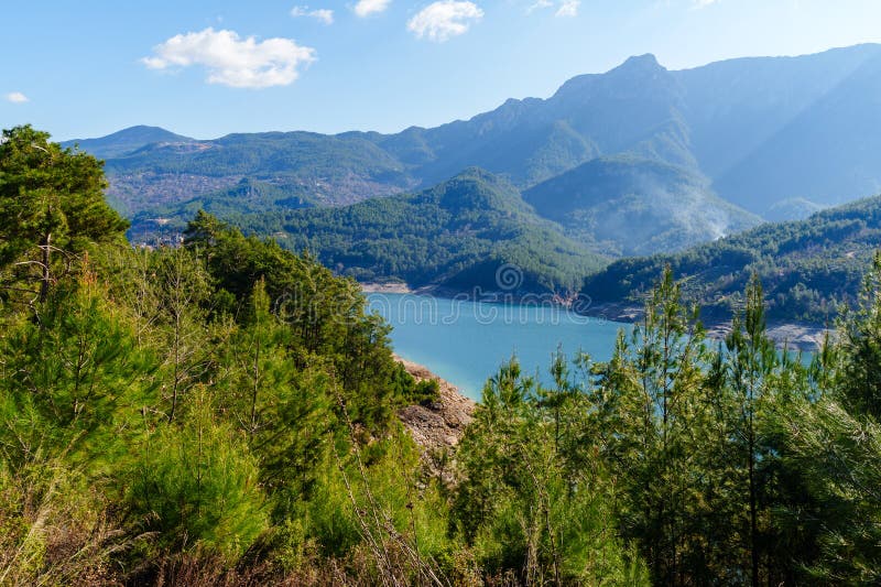 Scenic Lakeside View with Forests and Mountains Under Clear Blue Sky ...